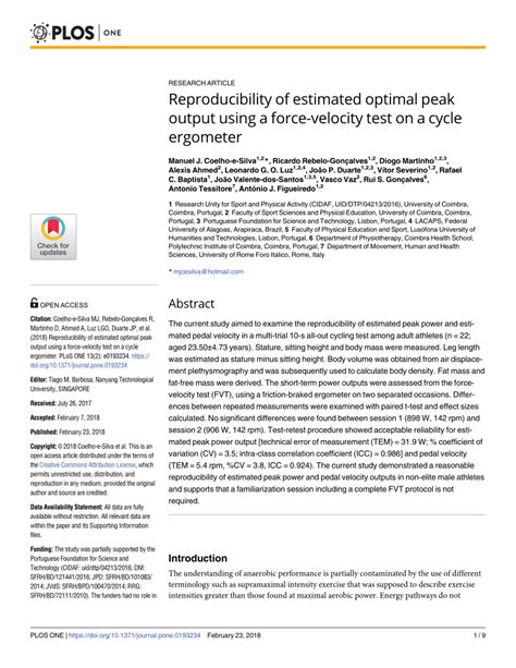 Pdf Reproducibility Of Estimated Optimal Peak Output Using A Force Velocity Test On A Cycle