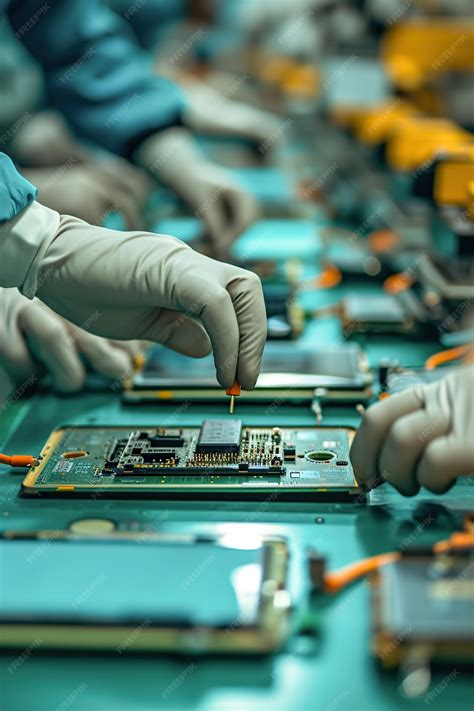 Premium Photo Mobile Phone Assembly Factory Assembly Lines With Workers Handling Components