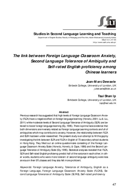 Pdf The Link Between Foreign Language Classroom Anxiety Second Language Tolerance Of