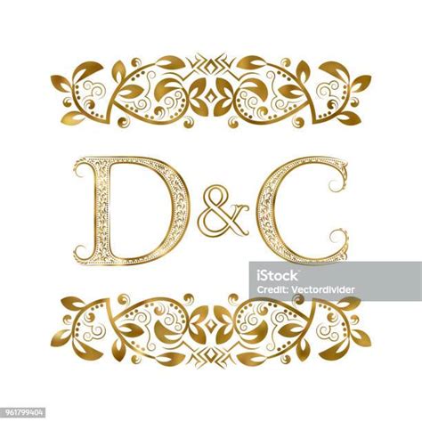 D와 C 빈티지 이니셜 기호입니다 글자 장식 요소에 의해 포위 된다 결혼식 또는 로얄 스타일에서 비즈니스 파트너 모노 그램입니다 결혼식에 대한 스톡 벡터 아트 및 기타