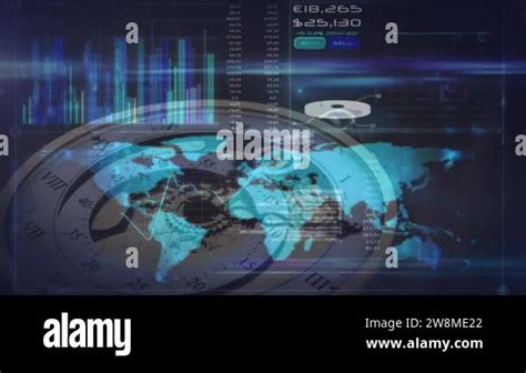 Animation Of Data Processing And World Map Over Moving Clock Global