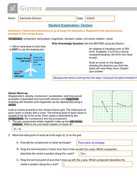 Gizmo Vectors Student Exploration Vectors 2021 All Answers Correct Gizmo Vectors