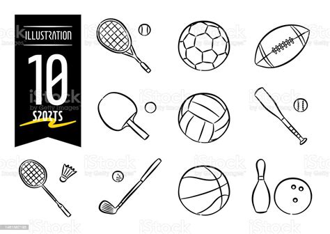 스포츠 모티프가 있는 손으로 그린 팝 스타일 아이콘 일러스트레이션 10개 세트 Championship에 대한 스톡 벡터 아트 및 기타 이미지 Championship