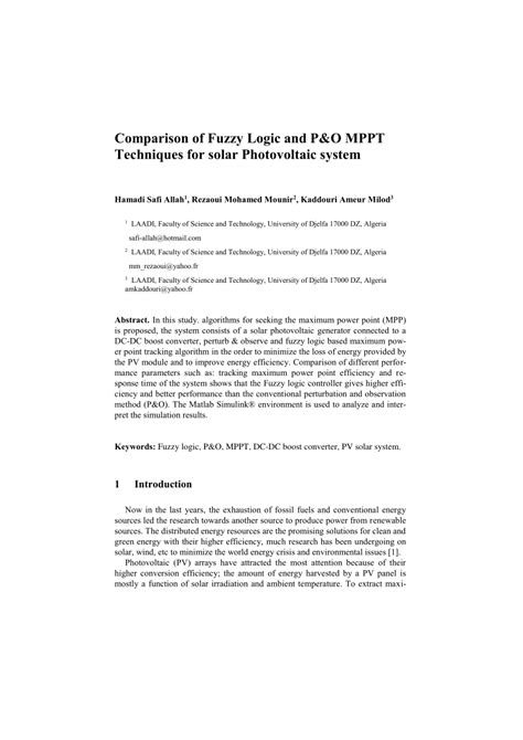 Pdf Comparison Of Fuzzy Logic And Pando Mppt Techniques For Solar