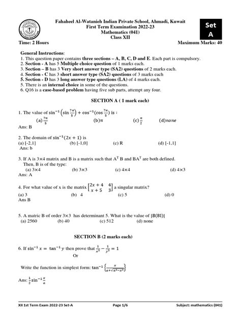 Xii Term 1 Mathematics Set A 2022 23 Pdf Matrix Mathematics