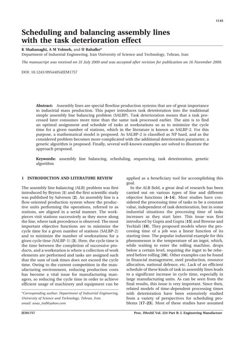 Pdf Scheduling And Balancing Assembly Lines With The Task
