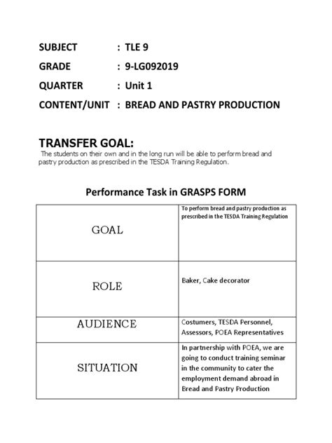 Performance Task In Grasps Form Tle Pdf Cakes Baking