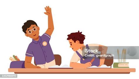 교실 평면 벡터 일러스트 레이 션에서 책상에 두 명의 학교 소년이 흰색에 고립되어 있습니다 2명에 대한 스톡 벡터 아트 및 기타 이미지 Istock