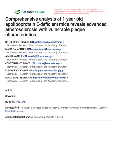 Pdf Comprehensive Analysis Of 1 Year Old Apolipoprotein E Deficient Mice Reveals Advanced