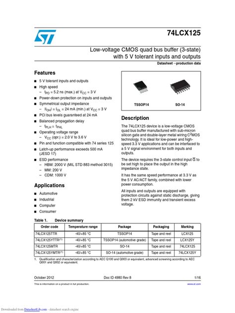 Low Voltage Cmos Quad Bus Buffer 3 State With 5 V Tolerant Inputs And Outputs Pdf