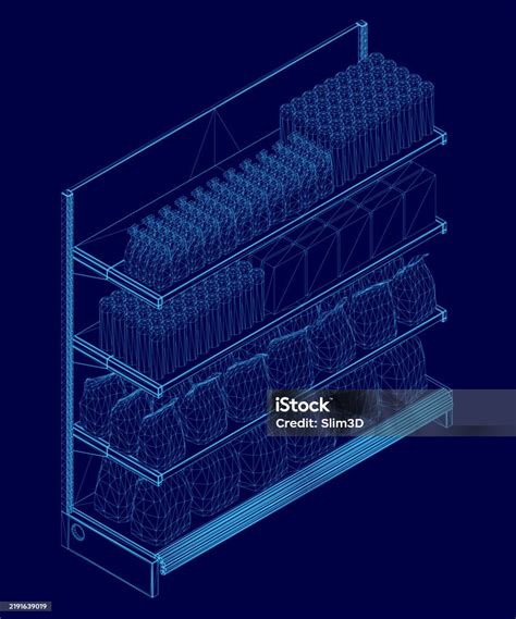 많은 품목이 있는 상점 선반의 파란색 이미지입니다 선반은 4개의 섹션으로 나뉘며 사용 가능한 항목을 쉽게 볼 수 있도록 품목이