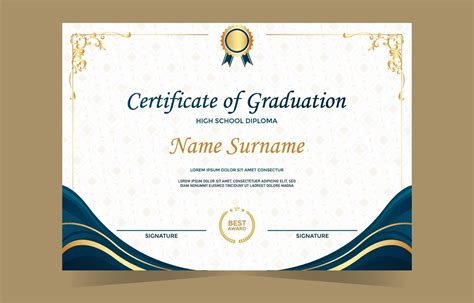 Certificat De Modèle De Diplôme Avec Vagues Bleues Et Bords Dorés