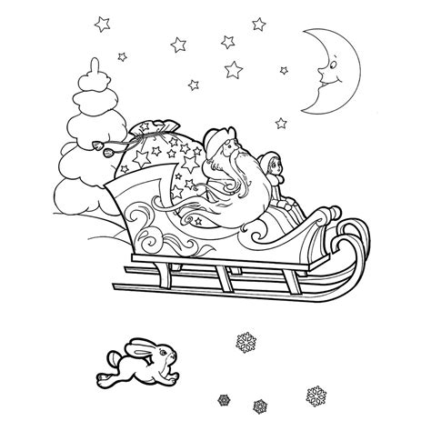 Раскраска Дед Мороз и Снегурочка в санях распечатать или скачать