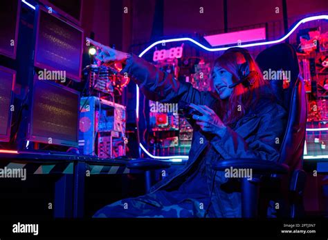 Woman Wear Gaming Headphones Playing Esports Games Console Gaming Room Gamer Using Joystick