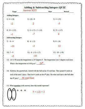 Adding And Subtracting Integers QUIZ With Answer KEY TpT