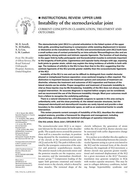 Pdf Instability Of The Sternoclavicular Joint Current Concepts In Classification Treatment