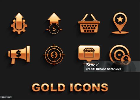 달러 지도 포인터 별 기호 온라인 쇼핑 개념 확성기 및 장바구니 화살표 성장 기어 비즈니스 및 금융 코인 아이콘으로 목표를