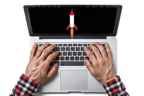 Launching Space Rocket From Laptop Computer Screen Technology And