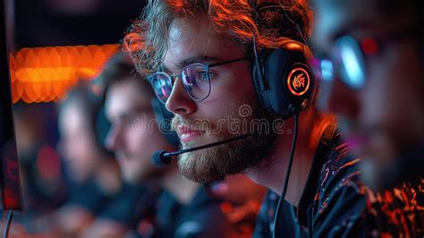 Close Up Of A Focused Gamer Wearing A Headset And Glasses In A Gaming