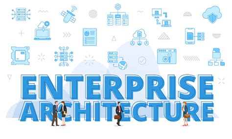큰 단어와 사람들이 파란색 스타일로 관련 아이콘으로 둘러싸인 엔터프라이즈 아키텍처 개념 가상현실에 대한 스톡 벡터 아트 및 기타 이미지 가상현실 개념 개념과 주제