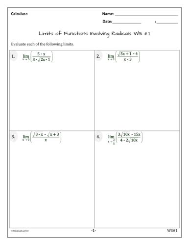 Evaluating Limits Of Radical And Trigonometric Functions 2 Ws 16 Problems Teaching Resources
