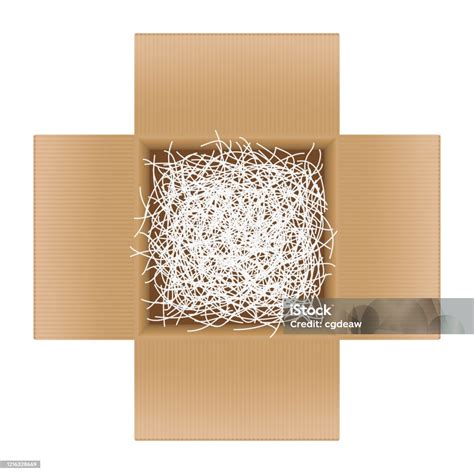 선물 팩을 위해 열려있는 골판지 상자 갈색에 흰색 파쇄 된 종이 포장을위한 상자 갈색 상단보기에 파쇄 된 종이 재활용 폐기물을