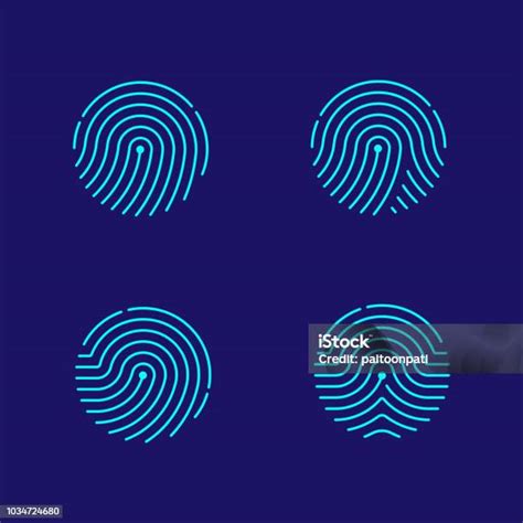 지문 스캔 아이콘 설정 대시 선 디자인 일러스트 레이 션 블루 하 고 지문 텍스트와 복사 공간 벡터 Eps10와 어두운 파란색 배경에 녹색 절연 로고에 대한 스톡 벡터 아트
