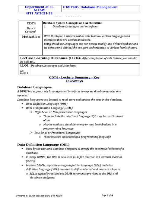 Cdt4 Summary 4it1 Dbms 2021 22 Department Of It Kitsw 4it1 Ay 2021 Cdt4 Lecture U18it405