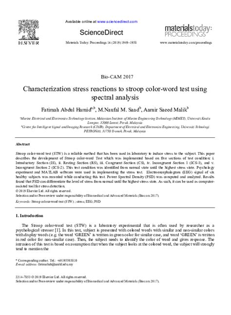 Pdf Characterization Stress Reactions To Stroop Color Word Test Using Spectral Analysis