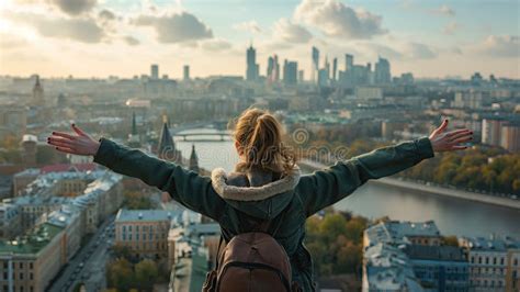 Behind A Girl Standing In Front Of A European City Stock Image Image Of Adult Cityscape