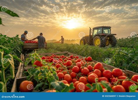 men sorting tomatoes on a flatbed trailer next to a tractor in a tomato
