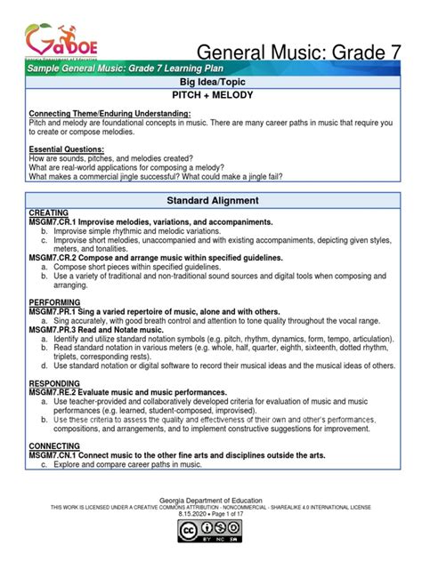 Music Dlp General Music 7th Grade Lesson Plan Pdf Musical Notation