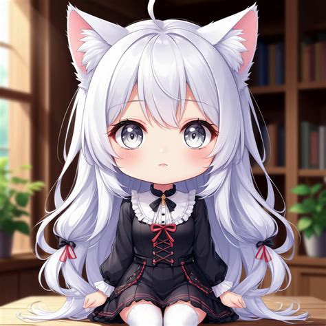 «Милая чиби аниме девочка с белыми глазами с белыми волосами в виде кошачих ушей эстетика