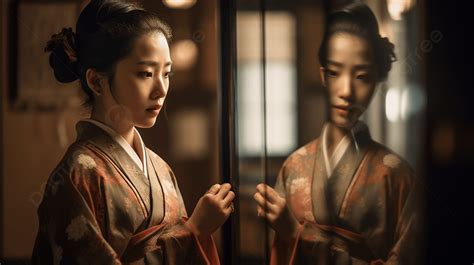 기모노를 입은 젊은 여성이 거울을 들여다보고 있다 거울을 보는 여자 고화질 사진 사진 배경 일러스트 및 사진 무료 다운로드 Pngtree