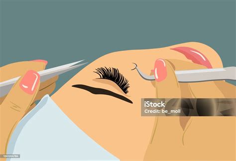 속눈썹 확장 속눈썹 연장 절차 마스터 핀셋은 클라이언트에 거짓 또는 가짜 섬모를 추가합니다 스톡 벡터 일러스트레이션 속눈썹에 대한 스톡 벡터 아트 및 기타 이미지 Istock