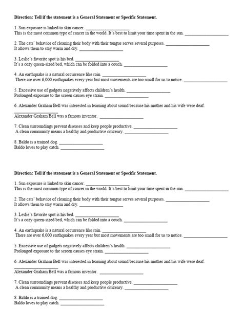 General And Specific Statement Activity Pdf