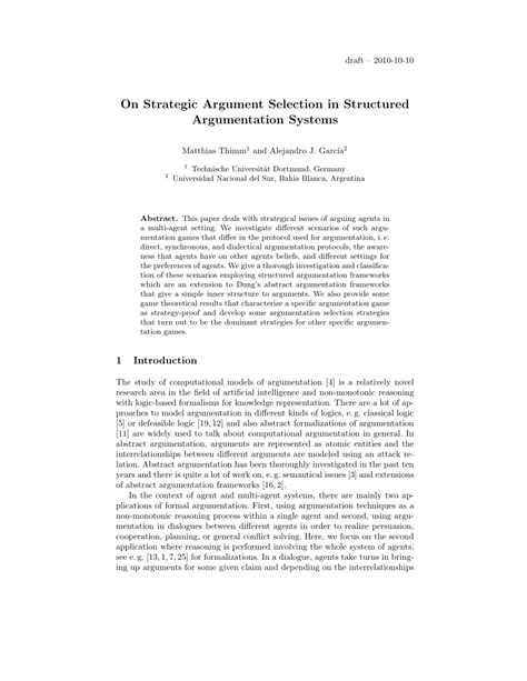 Pdf On Strategic Argument Selection In Structured Argumentation Systems