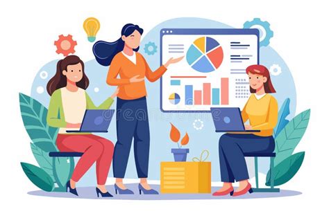 Three Women Discuss Data Analysis Using Laptops And A Presentation Board In A Collaborative