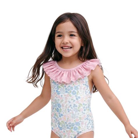 Meia Pata Girls Pink And Blue Ruffle Swimsuit With Floral Print Upf50