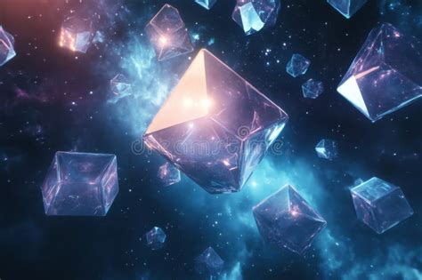 Floating Translucent Cubes In A Vibrant Cosmic Background With Swirling Colors Stock