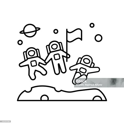 행성 아이콘 아래 열린 공간에서 우주 비행사 Ui 및 Ux 웹 사이트 또는 모바일 응용 프로그램에 대한 행성 간 식민지 아이콘의 간단한 라인 개요 벡터 요소 개념에 대한