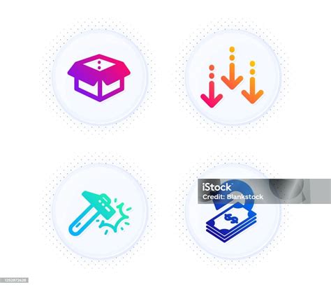 상자를 열고 아래로 스크롤하고 해머 블로우 아이콘 세트 캐시백 기호입니다 배달 패키지 스 와이프 화면 충돌 도구 벡터 0명에