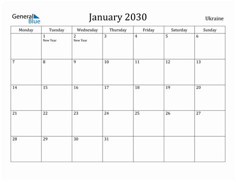 Ukraine Monthly Calendar January 2030 Monday Start