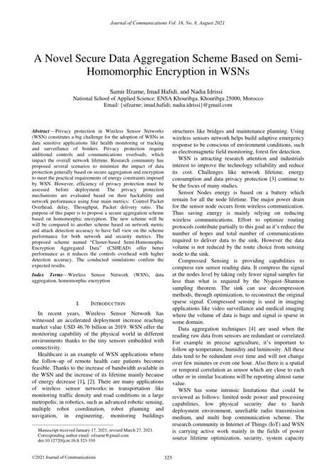 Pdf A Novel Secure Data Aggregation Scheme Based On Semi Homomorphic Encryption In Wsns