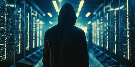Premium Photo Hacker In The Black Hood In The Server Room