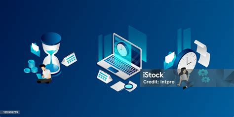 아이소메트릭 시간 관리 조직 개념 비즈니스 아이콘 및 작업 시간을 계획하는 사람들 제 시간에 작업을 수행하고 일정 기한을 따르는 사람들의 집합입니다 웹 페이지 벡터