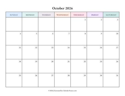 October 2026 Calendar Printable
