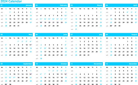 日历表2024年日历 英文版 横向排版 周日开始 带周数 带节假日调休安排 模板[df011] 日历精灵