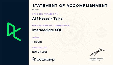alif hossain talha on linkedin to achieve intermediate sql on datacamp