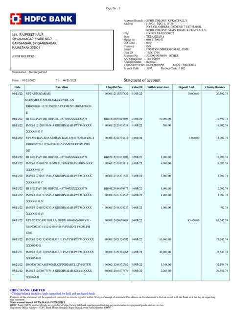 Bank Statement Hdfc Pdf Debits And Credits Business Economics